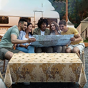 Travel Party Decoration Adventure Awaits Bon Voyage World Map Plastic Tablecloth Adventure Awaits Disposable Table Cover for Travel Retirement Wedding Graduation, 108 x 54 Inches (Khaki, 3 Pcs)