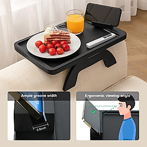 SINWANT Sofa Armrest Tray,Clip On Couch Arm Table, Foldable Sofa Arm Tray with 360° Rotating Phone Holder and Stable Sofa Table for Eating and Drink, Black