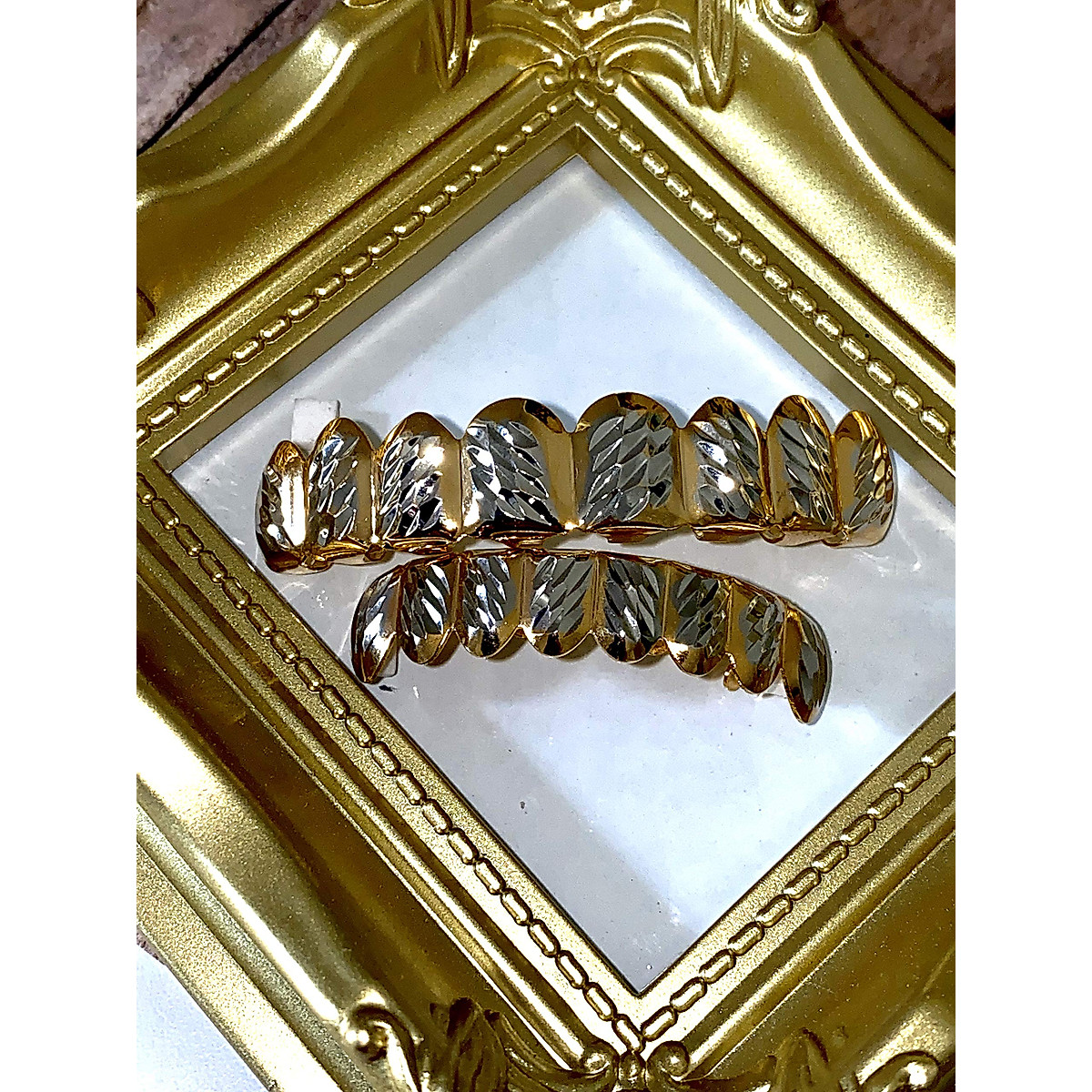 Shop-iGold 18k Gold Silver Two Tone Plated Cluster Custom Slugs Fangs Top Bottom Diamond Cut Grillz Mouth Teeth Grills Set - Grillz, Teeth Cap