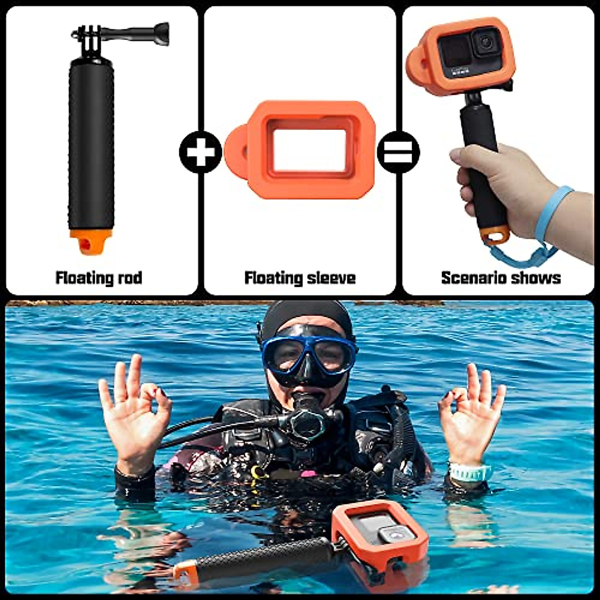 NUOBAKE Mouth Mount + Floaty Case + Floating Hand Grip for GoPro Hero 11 10 9 Black, Floating Case with Long Screw and Adhesive Anchors for Snorkeling, Surfing, Wakeboarding, GoPro Hero Accessories