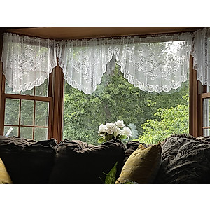 WUBODTI White Lace Swag Valance Curtains for Living Room Kitchen Windows, Sheer Embroidery Floral Window Valances Hollow Knitted Scalloped Curtain for Dinning Room Cafe, 63" Wx24 H