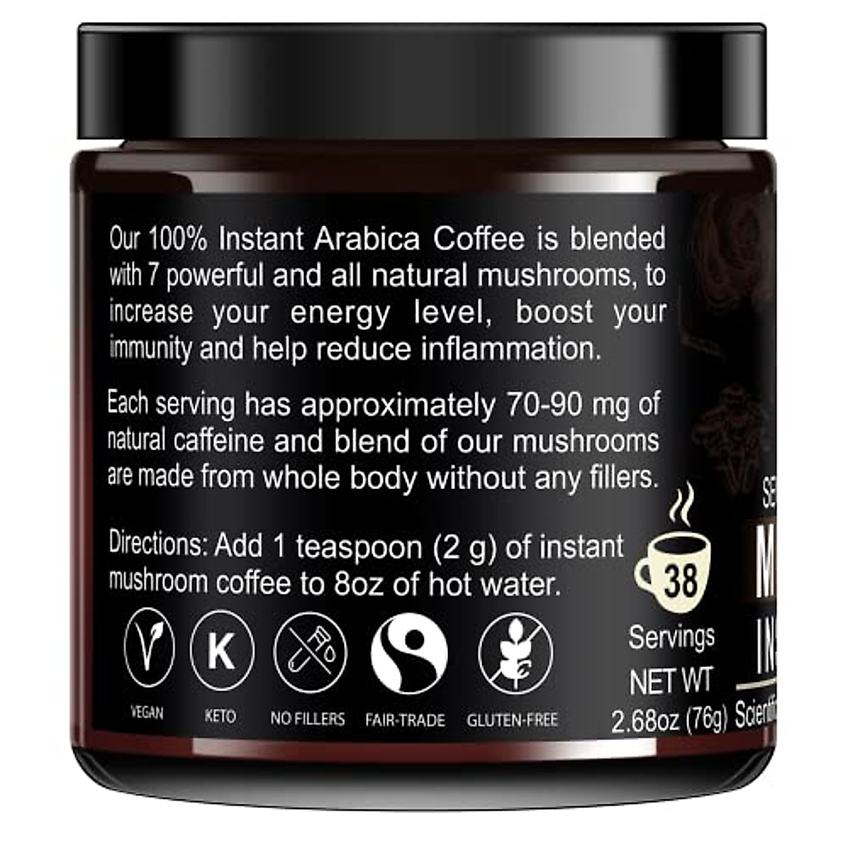 Solabela Coffee Organic Mushroom Coffee (38 Servings) with 7 Superfood Mushrooms, Great Tasting Arabica Instant Coffee, Includes Lion's Mane, Reishi, Chaga, Cordyceps, Shiitake, Mitake, and Turkey Tail