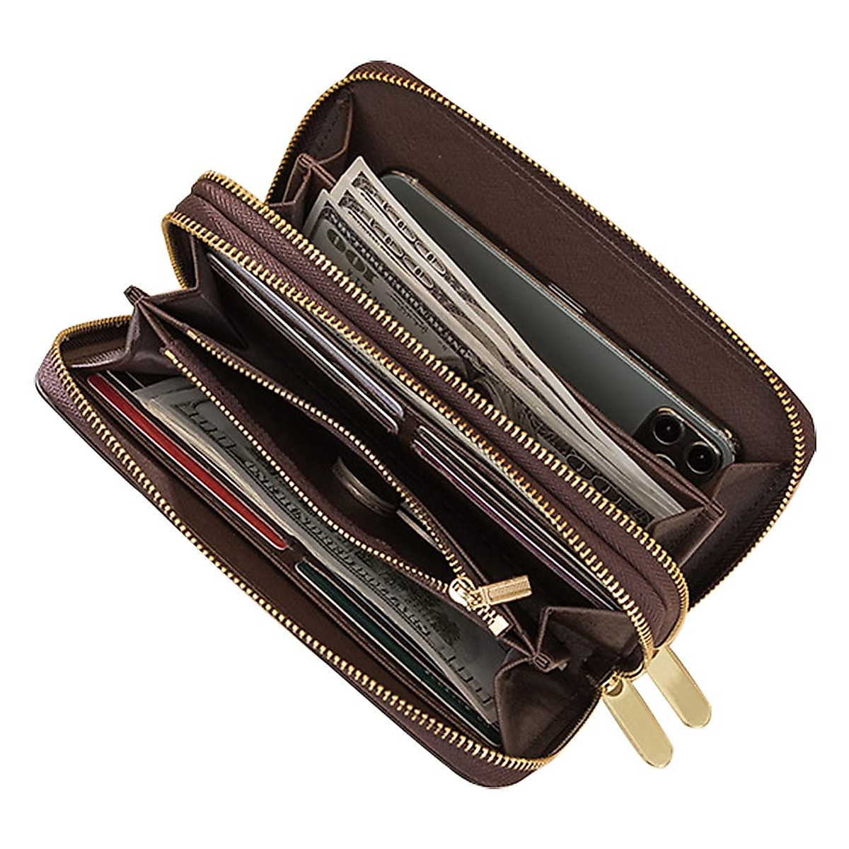 Veki Women's Wallet Double Zipper Pocket Wallets with Wrist Strap, Leather Credit Card Purse for Women Men (Brown)