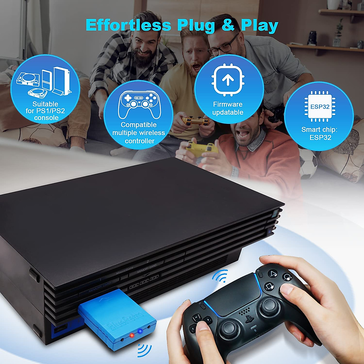 BITFUNX RetroScaler PS2/PS1 Wireless Controller Adapter - Supports PS2/PS1 Game Console, Compatible with PS3/PS4/PS5, Xbox One S, Series X/S, Switch Pro Bluetooth Controllers