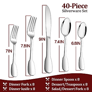 40-Piece Silverware Set for 8, E-far Stainless Steel Flatware Cutlery Set with Design Handle, Modern Metal Tableware Eating Utensils for Kitchen Restaurant Wedding, Mirror Polish & Dishwasher Safe