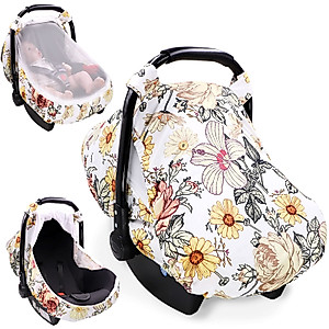 Floral Baby Car Seat Cover for Girl,Infant Carseat Canopy Sun Cover，Baby Carrier Cover with Zipped Peep Windows and Breathable Mesh, Stretchy 3in1Multi-use Stroller Cover