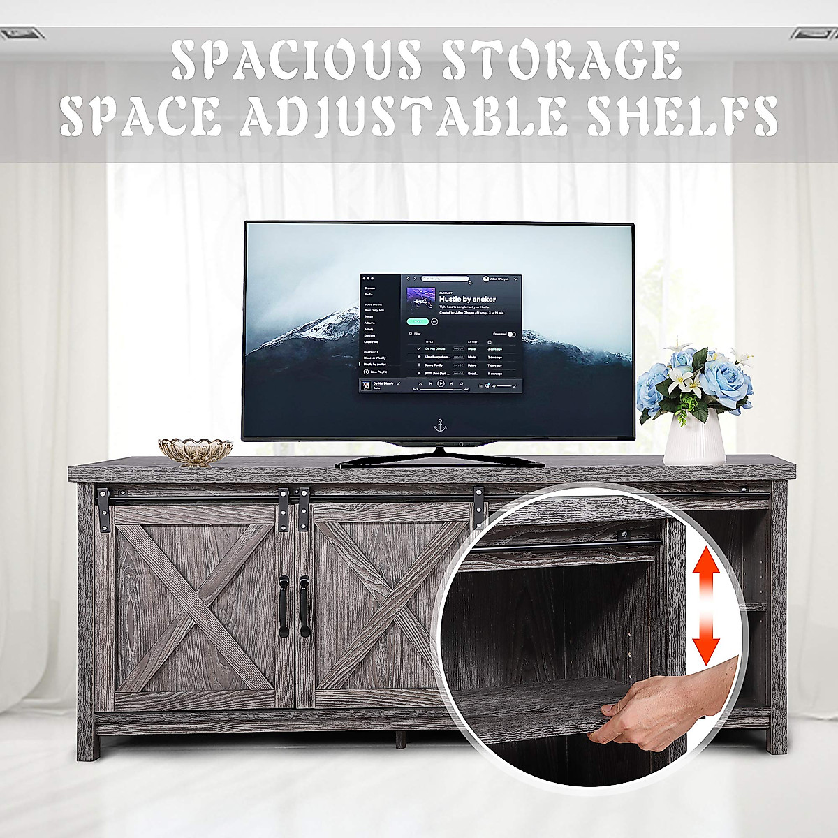 JAXSUNNY 58" Farmhouse Wood TV Stand, TV Console Stand for TVs up to 65", Storage Cabinets with Sliding Barn Doors, Media Entertainment Console, Grey Oak