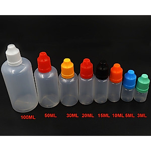 Bluemoona 20 Pcs - 100ml Empty Plastic Dropper Bottles Squeezable e-Juice E-Liquid Childproof Mix Colour Cap