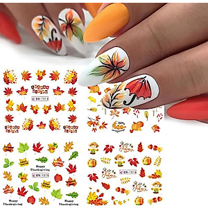 Fall Nail Art Stickers Thanksgiving Nail Decals Maple Leaf Turkey Water Transfer Nail Sticker Autumn Design Nail Art Supplies Acrylic Nail Accessories for Women Girls Thanksgiving Day Nail Decoration