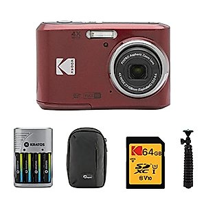 Kodak PIXPRO FZ45 Friendly Zoom Digital Camera (Red) Bundle with 64 GB UHS-I U1 SDXC Memory Card, Rapid Travel Charger with 4 AA Rechargeable Batteries, Spider Tripod, and Camera Case (5 Items)