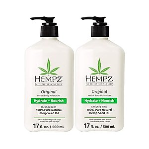 Hempz Original, Natural Hemp Seed Oil Body Moisturizer with Shea Butter & Ginseng, Pure Herbal Skin Lotion for Dryness, Nourishing Vegan Cream, Floral and Banana, 17 Fl Oz, 2 Pack