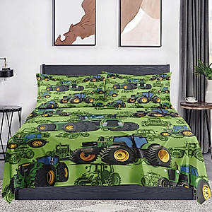 WeCozy 4 Pieces Queen Size Bed Sheet Sets with Pillowcases, Farm Tractor Summer Soft Microfiber Bedding Set for Kids and Adults, Flat Sheet, Fitted Sheet for Bedroom Bed Decor