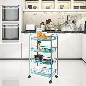 Ruishetop Rolling Push Cart Stand Shelves, Storage Rack with Wheels with Mesh Wire Basket, Multifunction Metal Trolley Organizer for Home, Office, Bedroom, Bathroom, Kitchen (4-Tier Rack Blue)