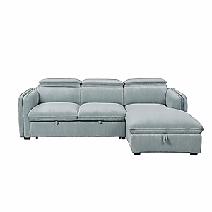 TXFTRR L Shaped Sleeper Sofa - Corduroy Couch Sectional with Pull Out Sleeper and Storage Chaise, Pull Out Bed Couch with Adjustable Headrest, Sleeper Sectional Sofa for Living Room, Light Green