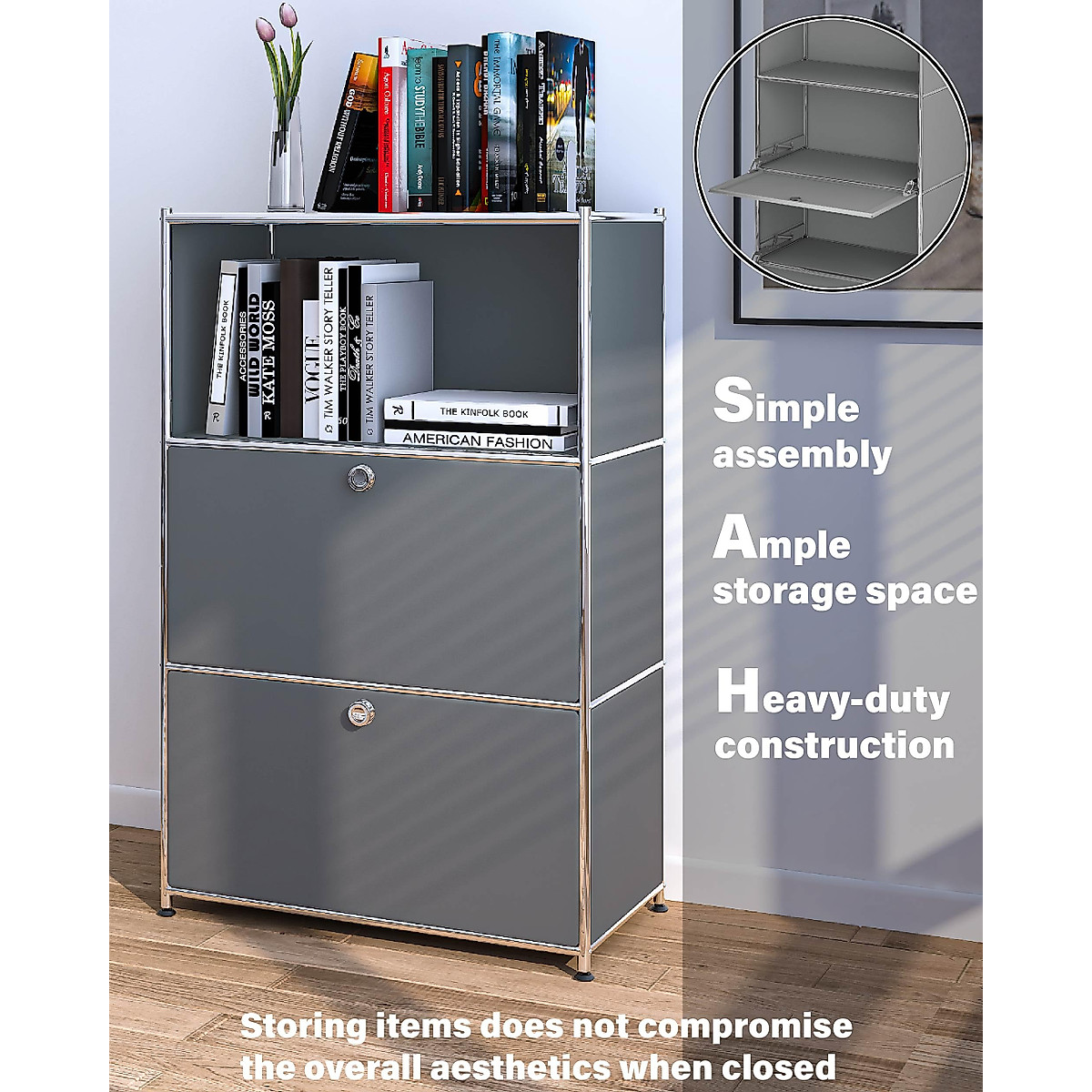 Simplink Metal Shelf with 2 Flap Doors, Large Capacity Cabinet,DIY Modern Home Furnishing,Perfect for Home, Office, Kitchen, Hallway,Foyer (Grey)