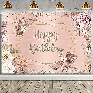 AIBIIN 7x5ft Rose Gold Boho Happy Birthday Backdrop Banner for Women, Pink Pampas Grass Boho Chic Pink Flowers Photo Background, Boho Party Decorations Backdrop Cake Table Banner Supplies Vinyl