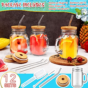 12 Set Mason Jar Cups Mason Jars with Handle Glass Cups with Lids and Straws Reusable Mason Jar Drinking Glasses Wide Mouth Mason Jar Mugs with Cup Cleaning Brush for Iced Coffee Smoothie Tea (16 oz)
