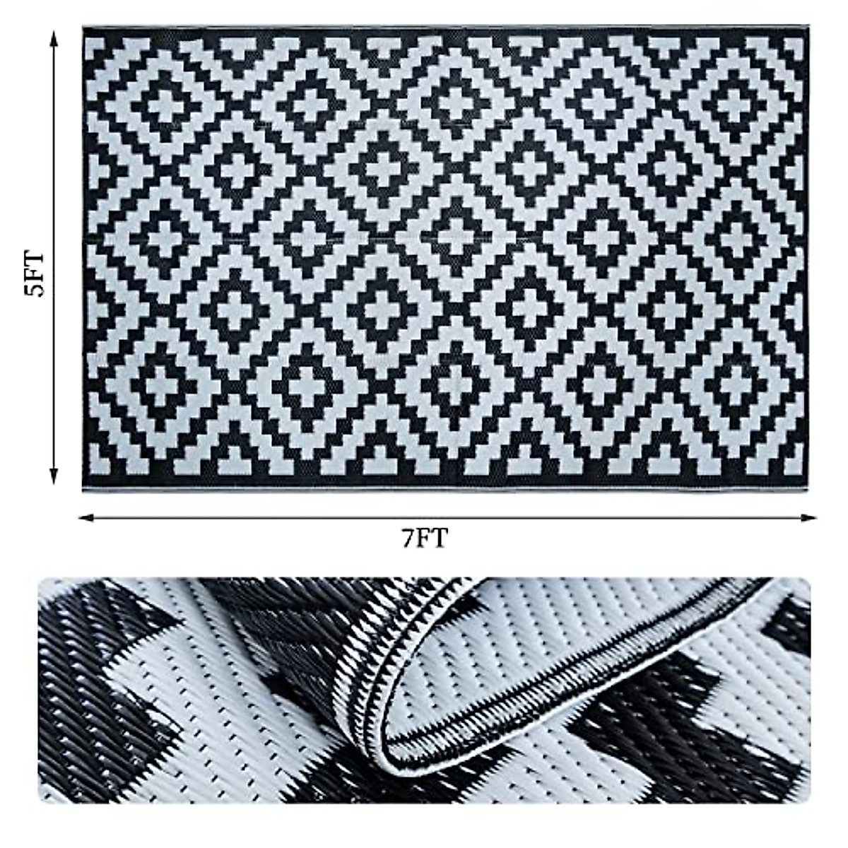 NFECO Reversible Rugs Plastic Rug Outdoor Rug Lightweight Outside Mats with Carrying Bag Modern Outdoor Rug for Patio Portable Mats for RV Backyard Deck Picnic Beach(5x7, Black&White)