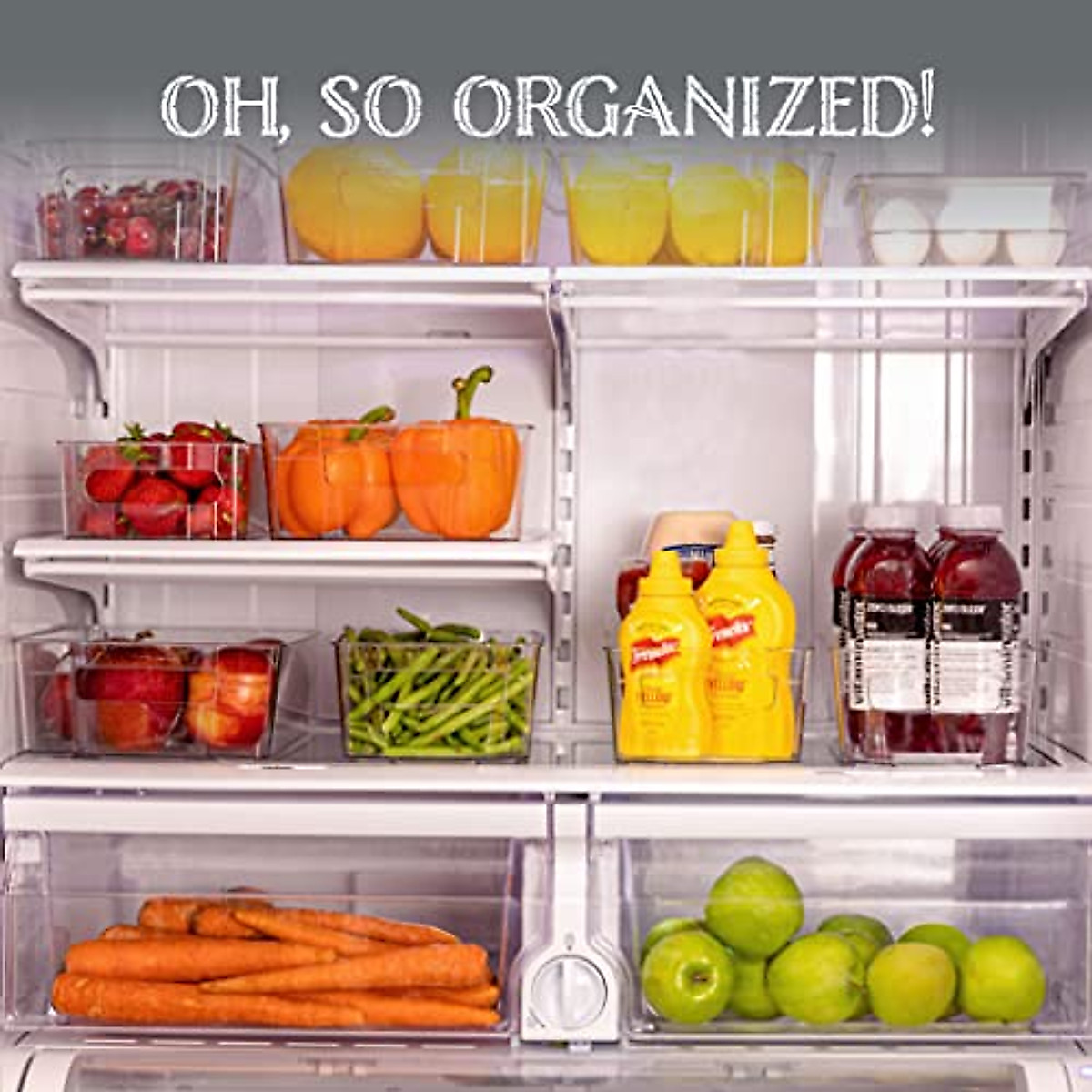Refrigerator Organizer Bins - Clear Plastic, Stackable, Narrow and Wide Bin Sizes, Egg Tray with Lid. Great Storage for Fridge, Cabinets, Countertops and Pantry. (Set of 12)