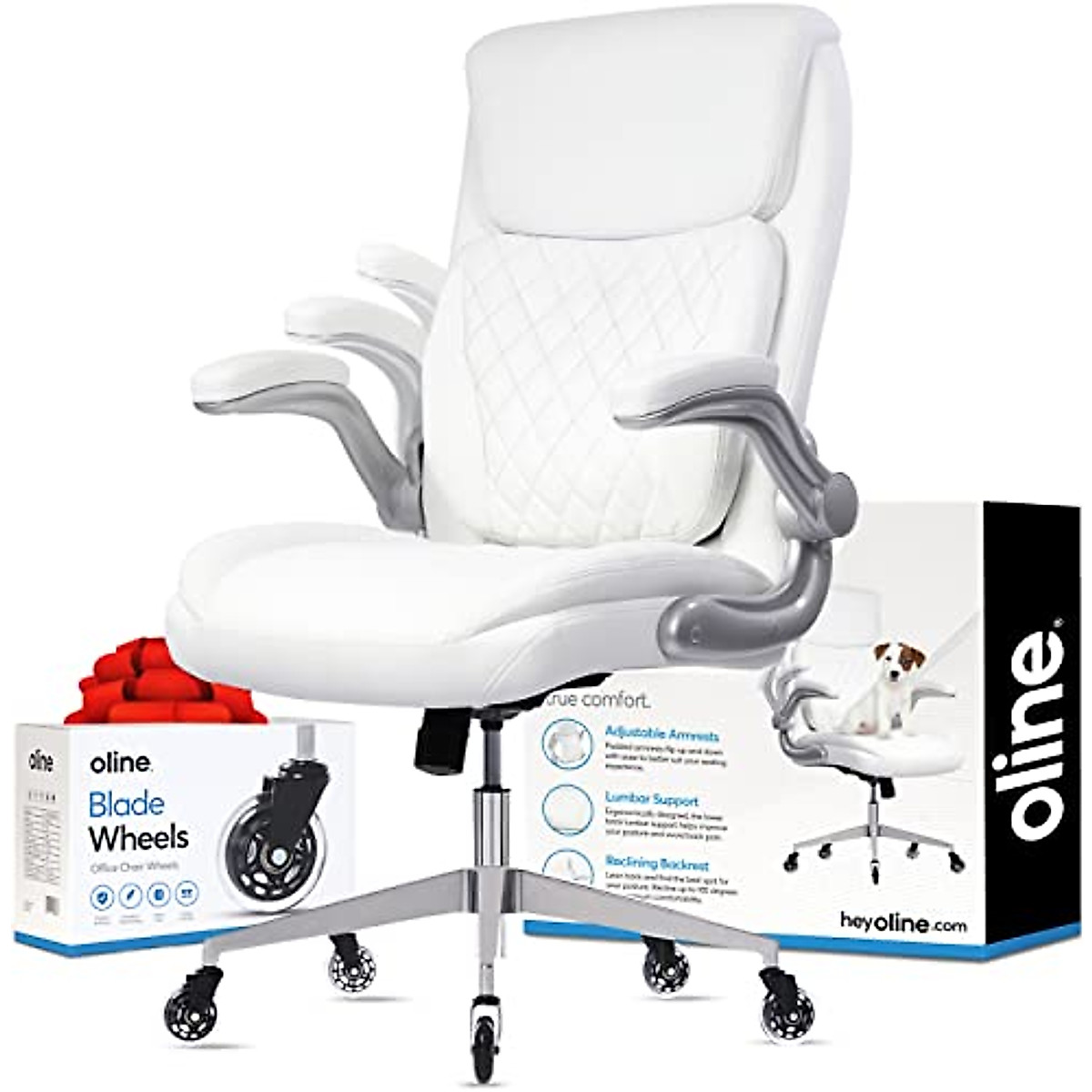 Oline Ergonomic Executive Office Chair - Rolling Home Desk PU Leather Chair with Adjustable Armrests, 3D Lumbar Support and Blade Wheels - Computer Gaming Swivel Chairs (White)