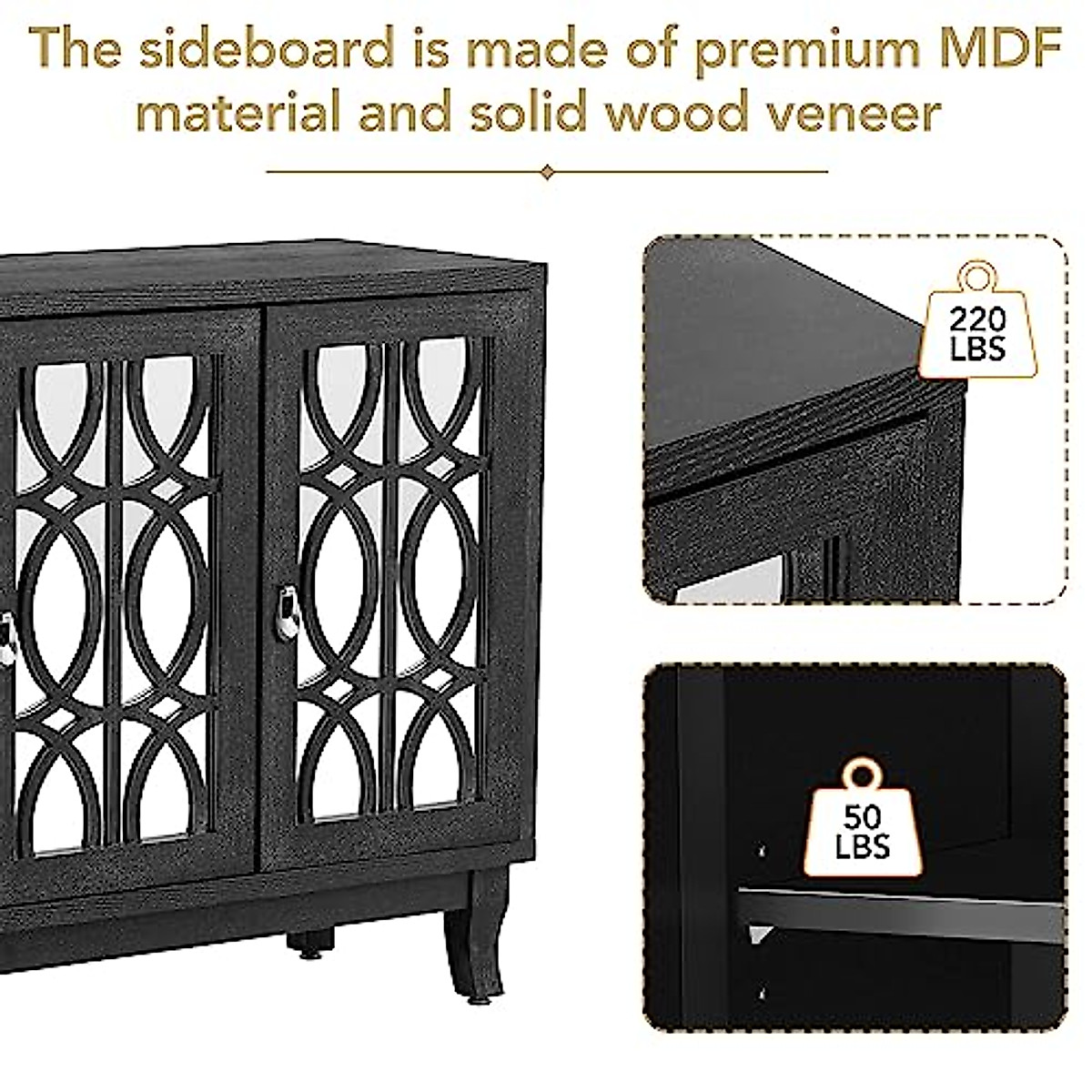 Voohek Glass Mirrored Doors and Adjustable Shelf, Buffet Cabinet with Drop-Shaped Silver Handle for Living, Hallway, Dining Room, Black Sideboard