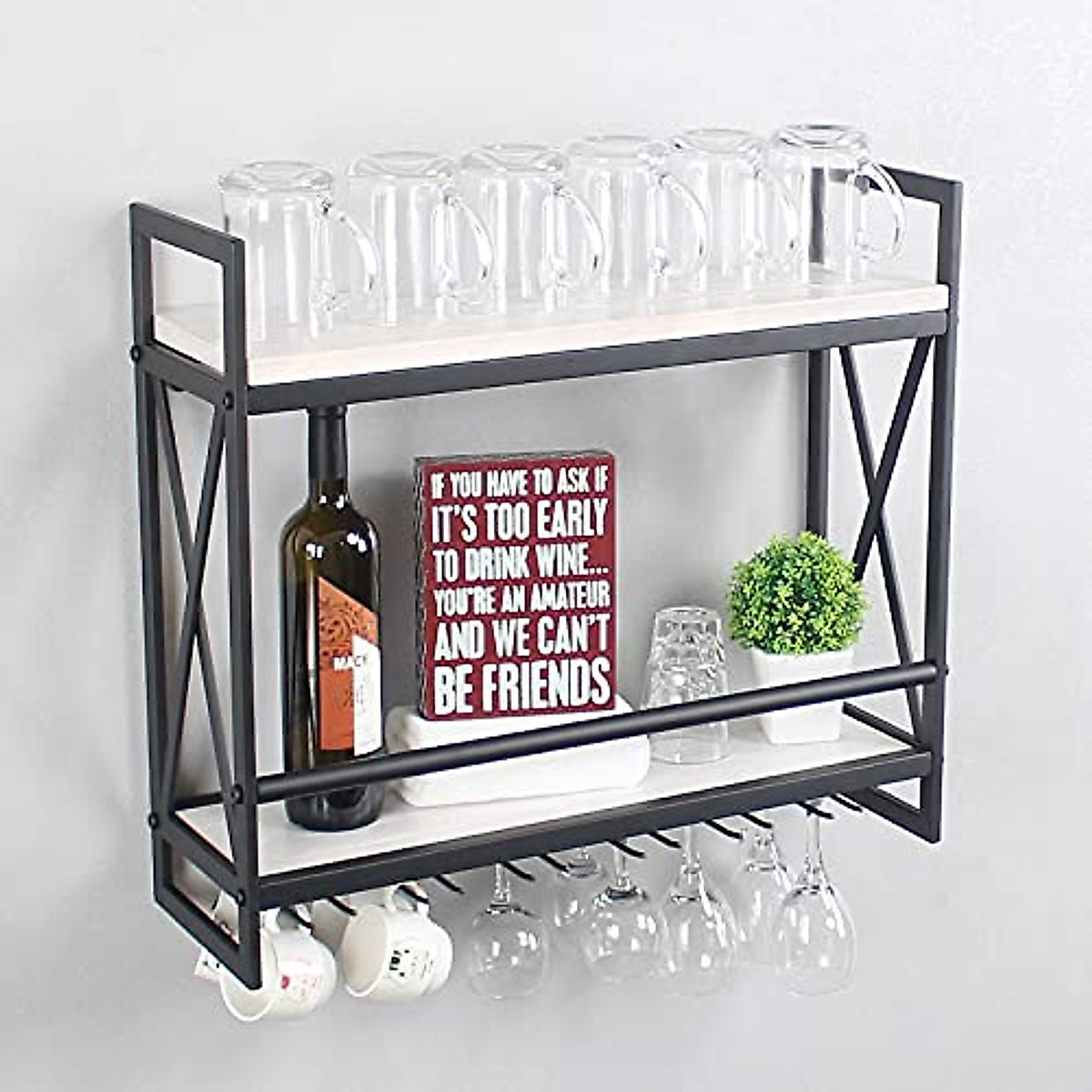 Industrial Wine Racks Wall Mounted with 6 Stem Glass Holder,Rustic Metal Hanging Wine Holder,2-Tiers Wall Mount Bottle Holder Glass Rack,Wood Shelves Wall Shelf Wine Accessories(24in,Vintage White)