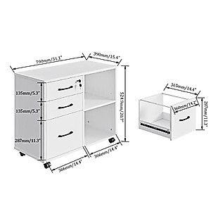 3 Drawer Office File Cabinets, Mobile Lateral Printer Stand with Open Storage Shelf, Rolling Filing Cabinet with Wheels Home Office Organization and Storage (White)