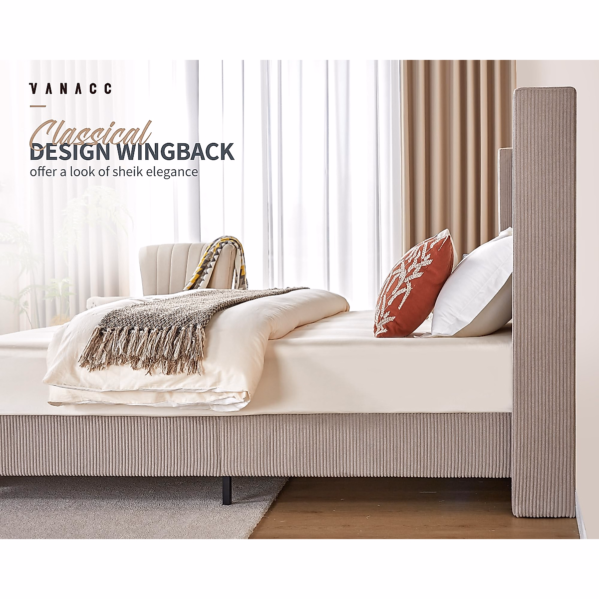 VanAcc Queen Size Platform Bed Frame, 50.8" Corduroy Upholstered Bed with Vertical Channel Tufted Headboard/Wooden Slats/Wingback/No Box Spring Required/Taupe