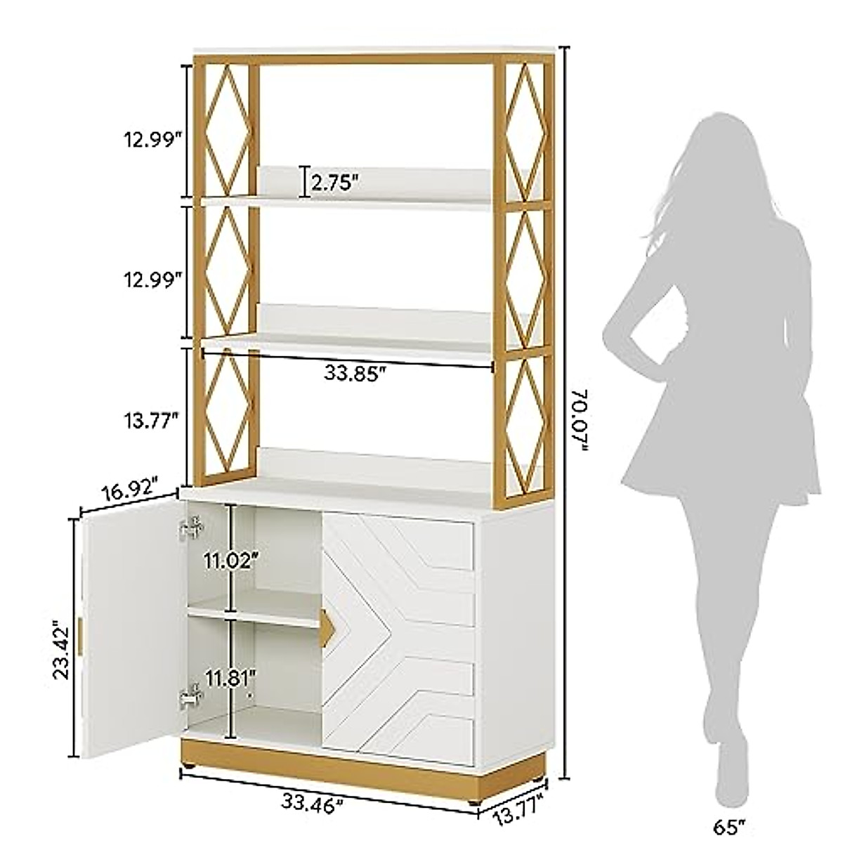 Tribesigns White and Gold Bookshelf with Doors: 70.9 Inches Tall Etagere Bookcase with 3 Shelves 2 Cabinets, Modern Open Display Book Shelves with Metal Frame for Living Room Bedroom Office