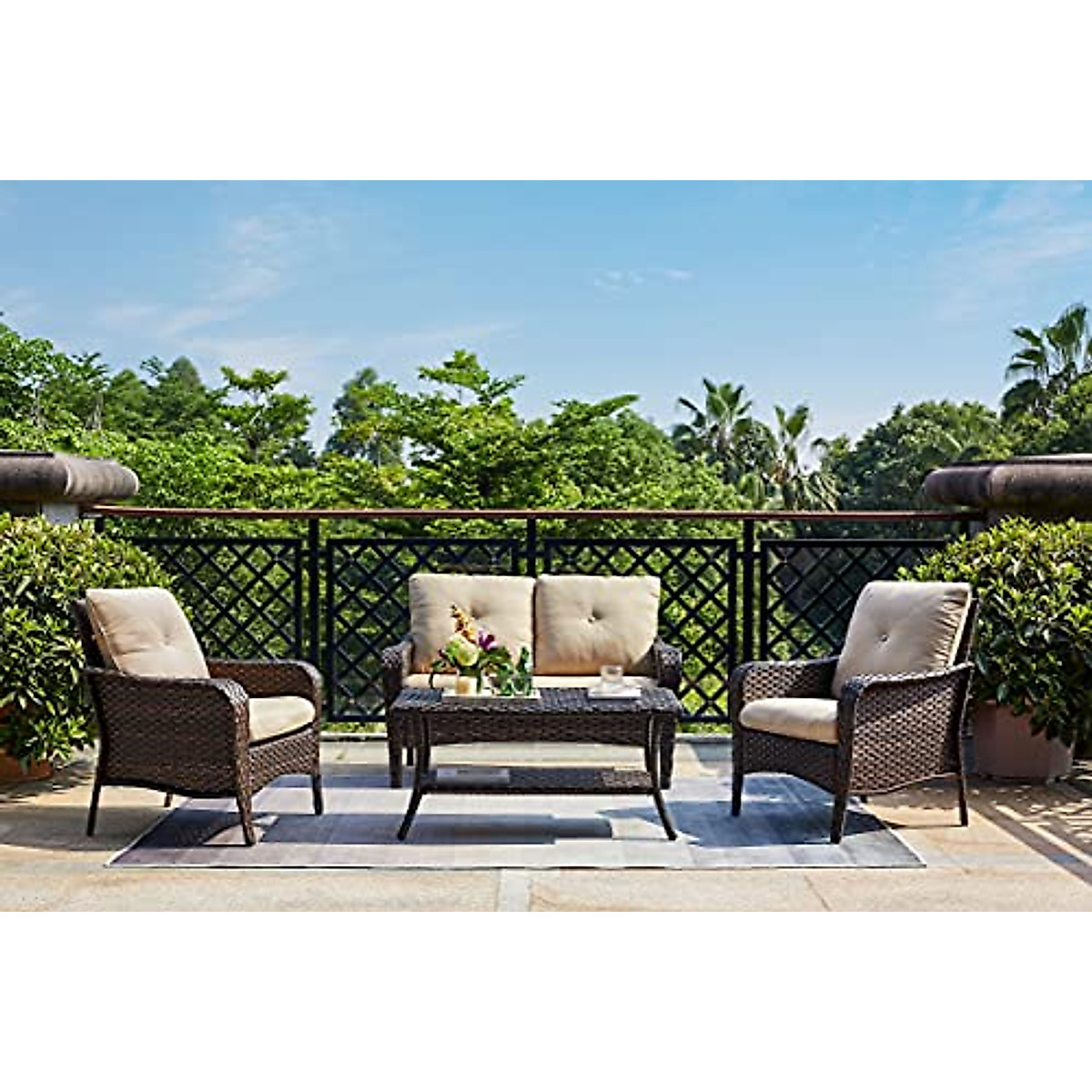Rilyson Patio Conversation Set, 4 Piece Outdoor Patio PE Rattan Wicker Sofa Furniture Set, Deep Seating Couch Chairs and Coffee Table for Backyard Porch Lawn Garden