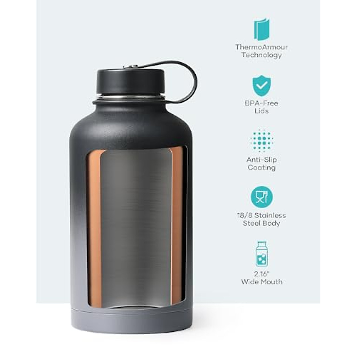 Insulated Water Bottle 64 oz with Straw Lid and Flex Lid, BUZIO 64oz Stainless Steel Water Bottle Half Gallon Jug Flask, Double Wall Vacuum Sports Thermo Mug, Cold Hot Hydro Metal Canteen