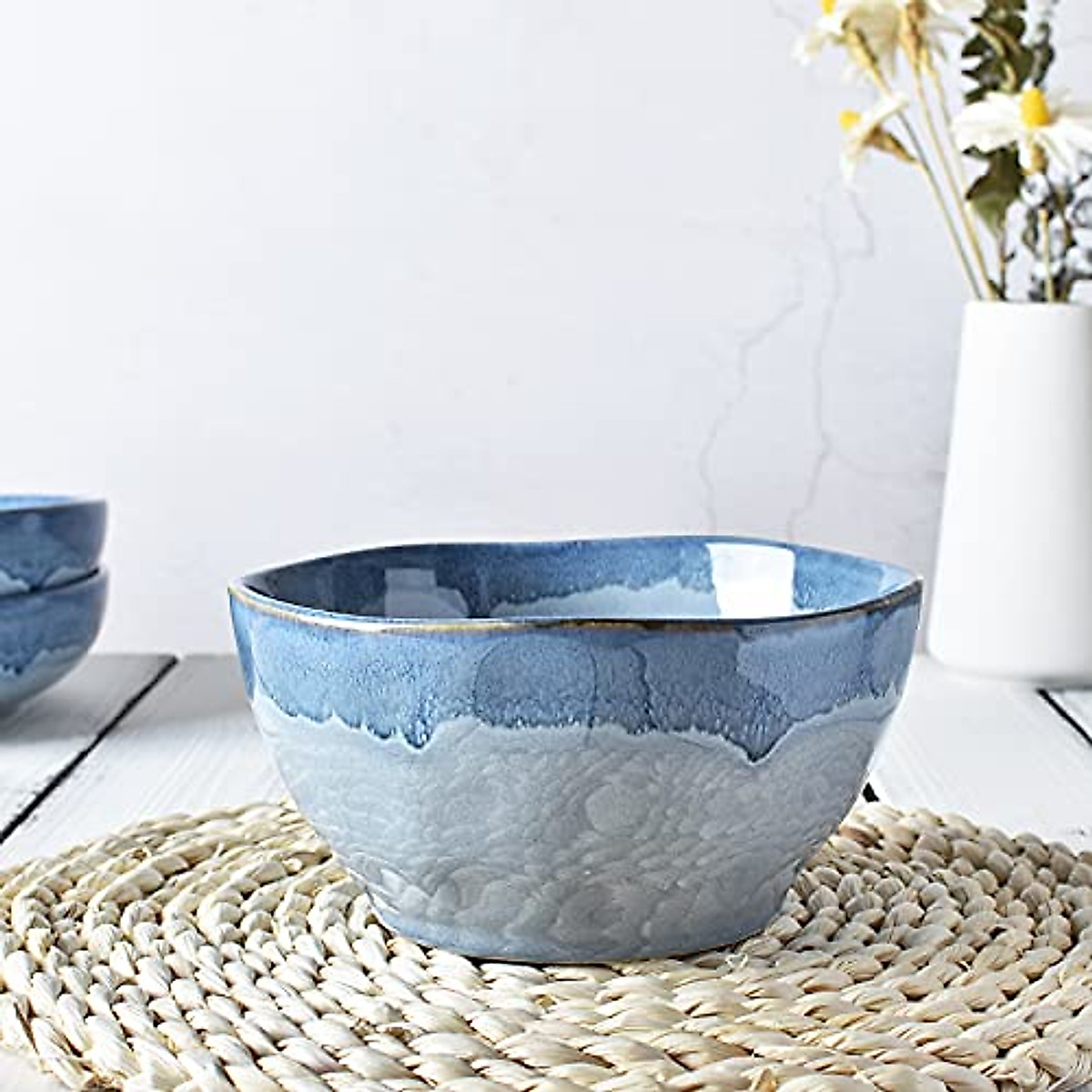 Bosmarlin Ceramic Soup Bowl Set of 4, 28 Oz, Cereal Bowl for Oatmeal, Dishwasher and Microwave Safe, Reactive Glaze (Blue, 6 inches)