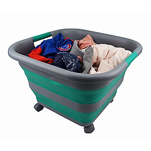 SAMMART Collapsible Plastic Laundry Basket with Wheels 39L (10.3 Gallons) -Foldable Pop Up Storage Container for Laundry, Camping & Home (1, Dark Grey/Bluish-Green)
