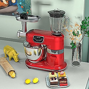 Stand Mixer, 8.5QT 8 in 1 Multifunctional Kitchen Electric Mixer with Dough Hook, Whisk, Beater,Meat Grinder, Blender, Pasta attachment, 5-Speed with LED Key (Red)