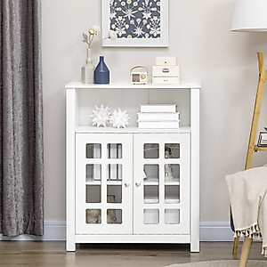 HOMCOM Buffet Cabinet, Kitchen Storage Cabinet, Sideboard with Double Glass Doors for Living Room, White
