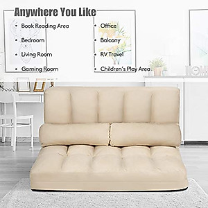 S AFSTAR Safstar Floor Folding Couch and Futon Sofa, 6-Position Fabric Sleeper Sofa Bed with 2 Pillows and Sponge Filling, Adjustable Lazy Sofa for Living Room and Bedroom(Beige)