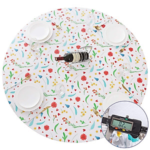 UMINEUX Round Fitted Vinyl Tablecloth with Elastic Edged & Flannel Backing, Waterproof Wipeable Round Table Cover for Indoor Outdoor Patio Use - Fits Tables up to 45" - 56" Diameter(Red-Flower)