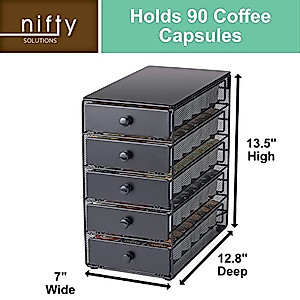 Nifty Coffee Pod Drawer – Black Satin Finish, Compatible with K-Cups, 90 Pod Pack Capacity Rack, 5-Tier Holder, XXL Storage, Stylish Home or Office Kitchen Counter Organizer