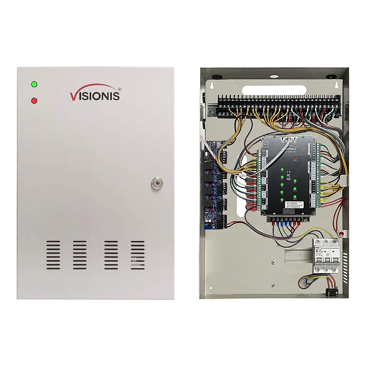 Visionis VS-AXESS-4DLX Version 2 Four Door Professional Access Control Panel Controller Board and Power Supply Cabinet with TCP/IP Wiegand Software 20,000 Users + Fire Alarm Extension Board