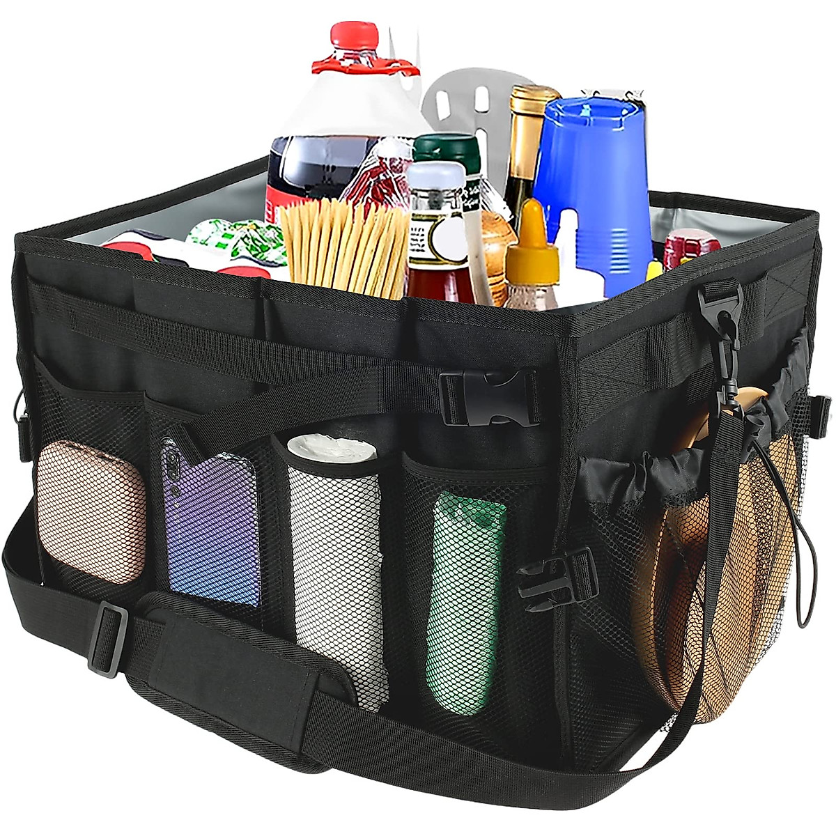 Large Grill Utensil Caddy with Paper Towel Holder, Collapsible Picnic Bag Organizer for BBQ Supplies, Easy Carry Griddle Caddy for Utensil, Plate, Portable Bag for Travel, Trunk, RV