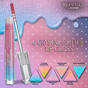 Blossom Iridescence Watermelon Flavored, Longlasting High Gloss, Glitter Shimmer Crystal Lip Gloss + Zodiac Sign Vanilla Scented Roll On Lip Gloss with Crystals, 2 Pack Bundle, Tourmaline Dream/Virgo