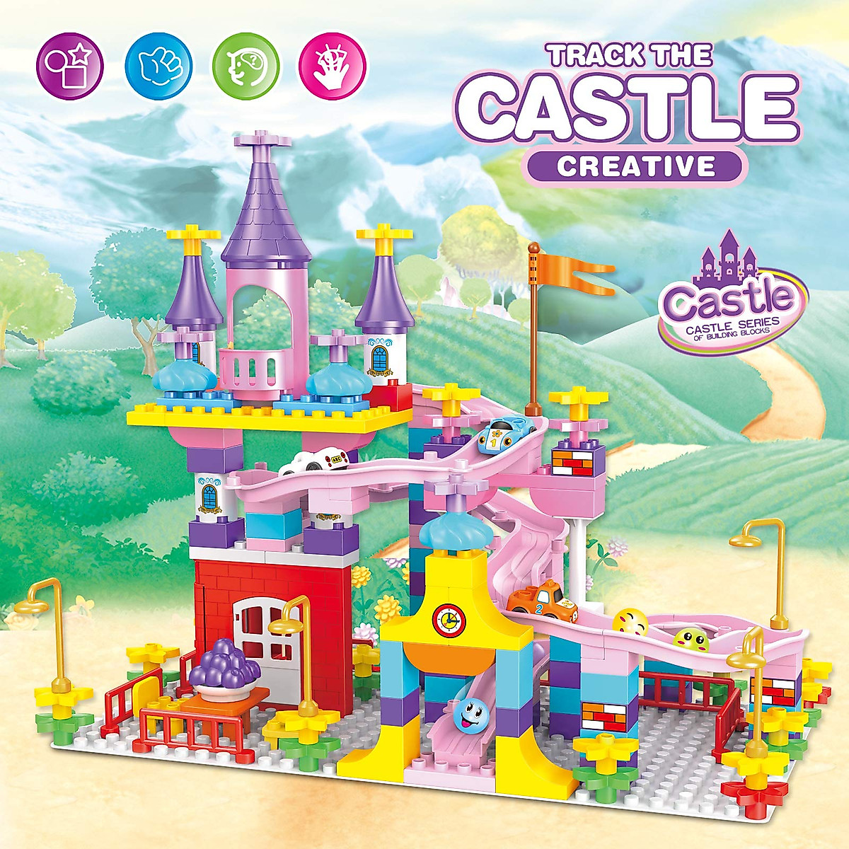 Castle Building Blocks Set for Toddlers, Creative Large Building Bricks, Marble Run Blocks, Race Track Construction Toy, Preschool STEM Educational Toys Gifts for Kids Boys Girls Aged 3+(161 PCS)