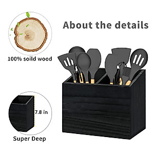 Y&ME YM Kitchen Utensil Caddy With 2 Compartments, Rustic Kitchen Utensil Holder Wood Utensil Organizer Box, Farmhouse Utensil Crock Flatware Organizers, Cutlery Storage Box For Kitchen (Black)