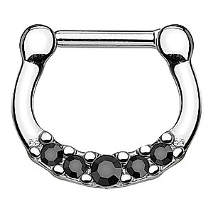 Lobal Domination 1 Piece 100% Surgical Steel Five Crystal Gem Septum Clicker Nose Ring - 14g or 16g (Black Gem - 16g)