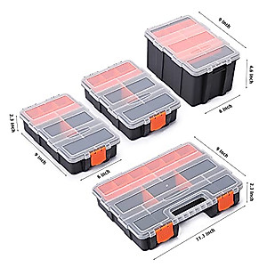 MIXPOWER 4 Piece Set Toolbox Hardware & Parts Organizers, Versatile and Durable Storage, Customizable Removable Plastic Dividers, storage and carry, Black/Orange