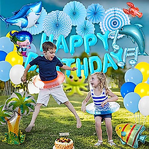 GoGoGoodie Ocean Theme Birthday Party Decorations Shark Birthday Decorations for Boys - Under the Sea Party Include Sea Animal Balloons birthday Banner Navy Blue Hanging Paper Fans Latex Balloons