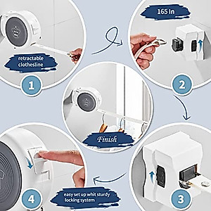 Retractable Clothesline, Wall Mounted Clothing Line, Lock to Prevent Sagging Heavy Duty Clothes Drying Laundry Line, Retracting Hanging Clothes Line Indoor Outdoor White