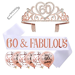 SKJIAYEE 60th Birthday Party Sash and Tiara Kits-60th ‘FABULOUS’ White Sash and Glitter Rose Gold Crown and Birthday Balloons for Women Birthday Party Decorations Supplies