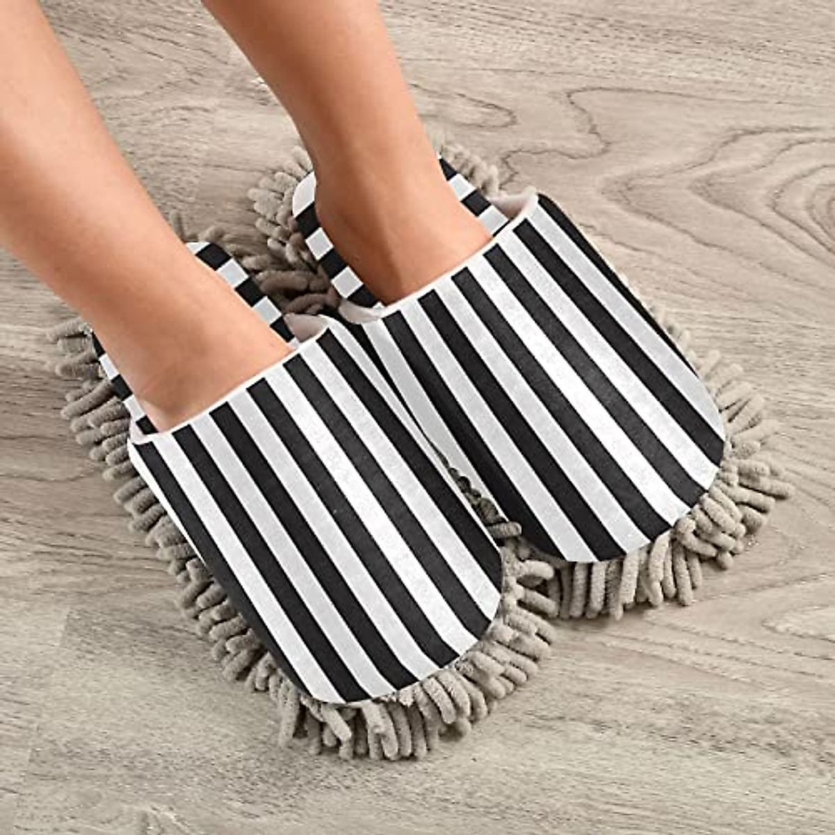 Kigai Microfiber Cleaning Slippers Black and White Stripes Washable Mop Shoes Slipper for Men/Women House Floor Dust Cleaner, Size M