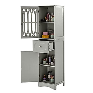 Merax Freestanding Linen Tower Bathroom Storage Cabinet with Adjustable Shelf, Drawer and 2 Doors, Tall Slim, 16.5" L x 14.2''W x 63.8''H, Grey